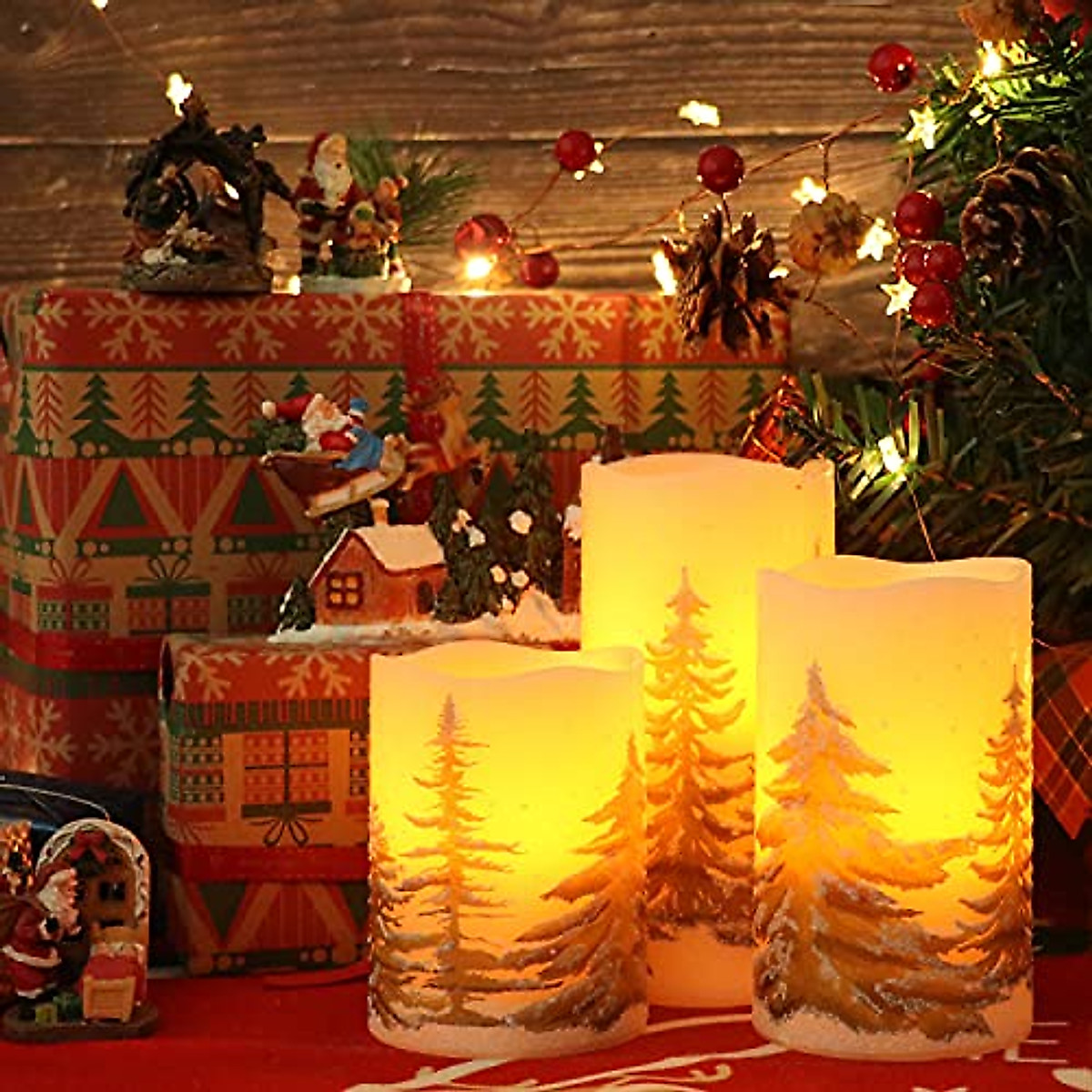 Wondise Flickering Flameless Pillar Candles with Timer, Battery Operated Real Wax Warm Light Christmas Tree Pine Tree Decal Candle for Home Decoration Christmas Gifts, Set of 3(D3 x H4/5/6 Inch)