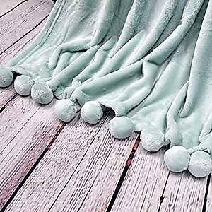 Home Soft Things Pompom Bed Couch Throw Blanket, 50'' x 60'', Harbor Blue, Fuzzy Soft Comfy Warm Decorative Throw Blanket for Living Room Bedroom Suitable for All Seasons