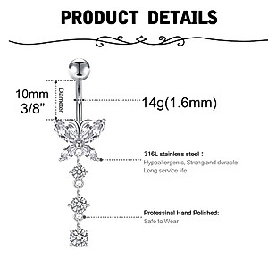 Longita Dangle Belly Button Rings for Women Surgical Steel Piercing Jewelry, Silver