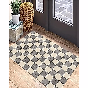 Front Entrance Floor Mats, Non Slip Bathroom/Kitchen Mat Absorbent Durable Small Rugs, Geometric Classic Squares Retro Tiles Pattern Door Mat Indoor/Outdoor Carpet Shoes Scraper 18x30 inch