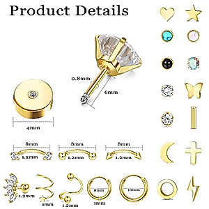 Drperfect Stainless Steel Stud Earrings for Women Men CZ Butterfly Heart Cross Opal Star Moon Lightning Bolt Flat Back Earrings Cartilage Earrings Stud Hoop Set Helix Tragus Conch Rook Daith Earrings