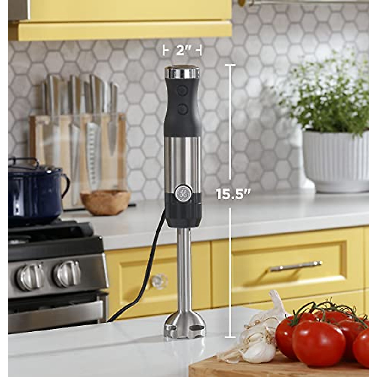 GE Immersion Blender | Handheld Blender for Shakes, Smoothies, Baby Food, Soups & More | 2-Speed Functionality | Easy Clean Kitchen Essentials | 500 Watts | Stainless Steel