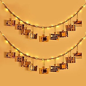 2 Pcs LED Wall Hanging Photo Display with Wooden Beads Boho Garland Decor 4.75 Feet String Lights with 9 DIY Photo Collage Card Holders Clips for Christmas Home Light Decor