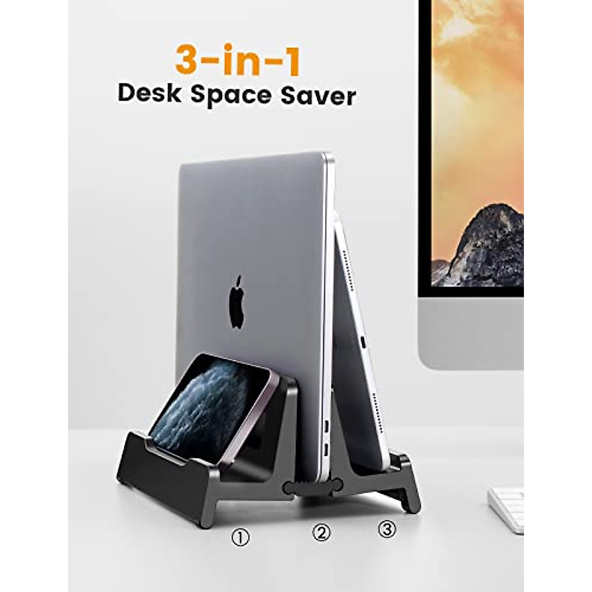 STARSIKI Vertical Laptop Stand, 3-in-1 Gravity Auto Locking Laptop Holder, MacBook Stand for Desk Closed Upright, Space Saving Desktop Organizer for MacBook/Surface/Chromebook/Dell/HP/iPad/Tablets