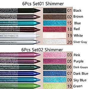 Amy's Diary 6Pcs Blue Colored Glitter Eyeliner Pencil Set, Dark Light Blue Green Purple Red Pink