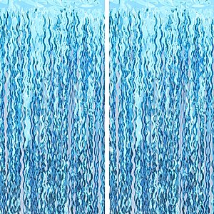 Wavy Tinsel Foil Fringe Curtain Photo Booth Props for Mermaid Birthday Under The Sea Party Decorations (2 Pack 3.2 ft X 6.6 ft Teal Blue)