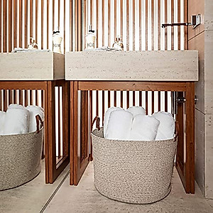 OrganiHaus Brown Large Storage Baskets for Organzing 20x13 | Large Woven Laundry Basket | Blanket Basket for Living Room | Round Basket for Shoes | Cotton Rope Basket for Entryway w/Leather Handles