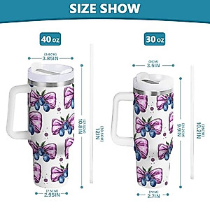 DIGTIA Stainless Steel Insulated Tumbler w/Handle & Straw, Bowknot Double Wall Vacuum Travel Coffee Mug Cup w/Lid, Leak-Proof Sports Blueberry Water Bottle,40oz