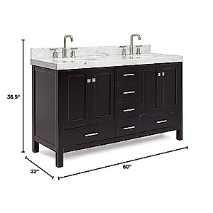 ARIEL Double Bathroom Vanity 60" Espresso, 2" Edge Italian Carrara Marble Countertop & Splash, Rectangular Sinks, 4 Soft Closing Doors, 6 Full Extension Dovetail Drawers, Brushed Nickel