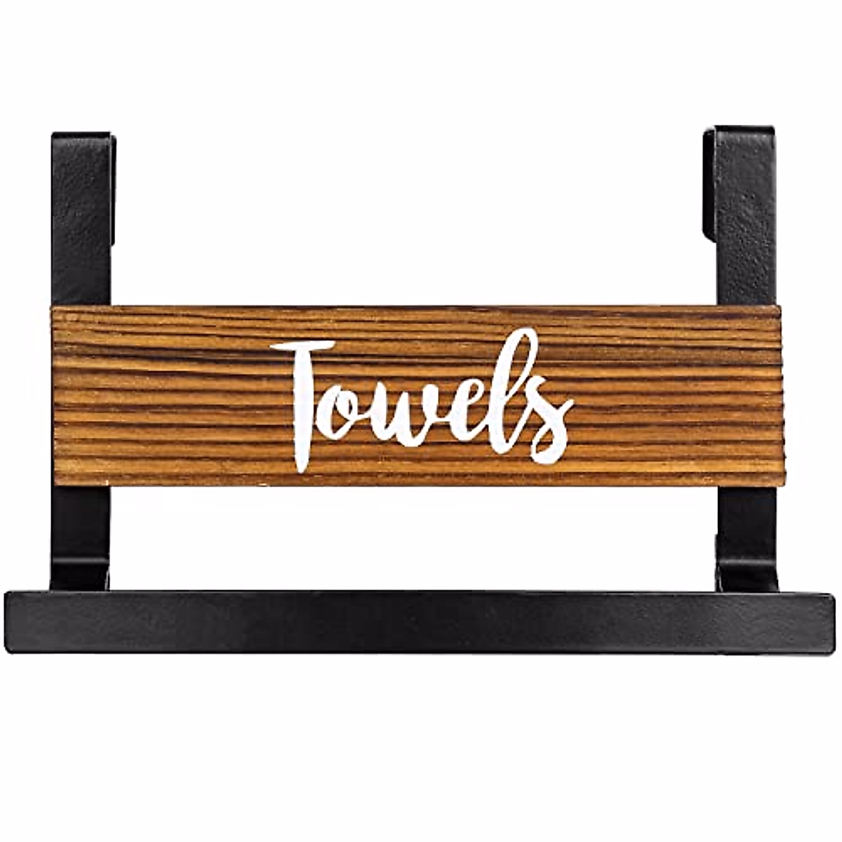 MyGift Black Metal Over The Cabinet Kitchen Towel Holder Dishrag Drying Rack with Rustic Solid Burnt Wood White Cursive Towels Design Sign