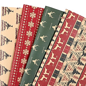 PlandRichW Christmas Wrapping Paper 12 Sheets of Folded Brown Kraft Paper with Red and Green, Greetings, Snowflakes, Reindeer, Christmas Tree Elements Series, 20 X 29 Inches Each