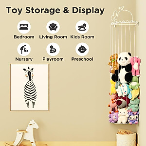 Jripae Stuffed Animal Storage,Stuffed Animal Holder with Adjustable Length,Corner Shelf for Kids Room Decor,Soft Toy Storage Organizer for Living Room,Bedroom,Nursery,Playroom,Kids Room(Ivory White)