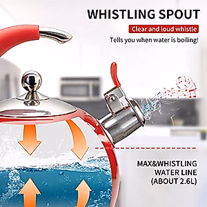 Sotya Whistling Tea Kettle for Stovetop, 3 Quart Stainless Steel Teakettle Teapot with Upgraded Version Silicone Anti-Scald Handle, Suitable for All Heat Source (Red)