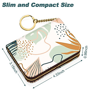 Nipichsha Credit Card Holder, Small RFID Card Wallet for Women, Slim Leather Wallet Organizer, Pocket Business Card Case with Zipper & Keychain (Boho Leaves)
