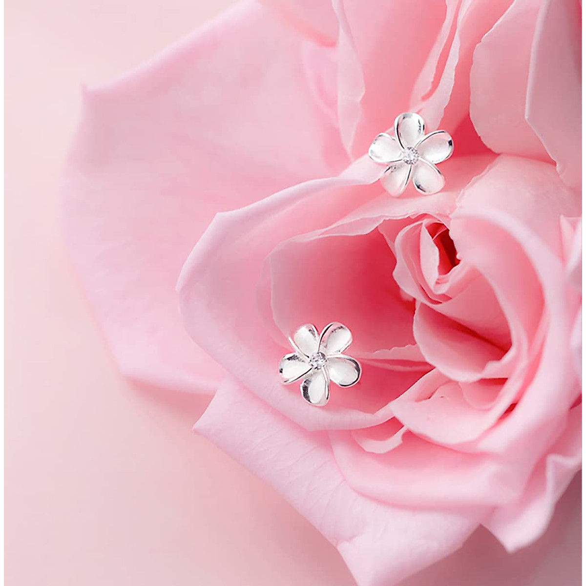 Reffeer Solid 925 Sterling Silver Plumeria Flower Stud Earrings for Women Teen Girls Crystal Flower Stud Earrings (A-Silver)