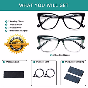 Oversized Reading Glasses Women Cat Eye Photochromic Computer Reader Stylish Ladies Designer Fashion Big Unbreakable Eyewear 2Pack Black & Dark Green +3.0x