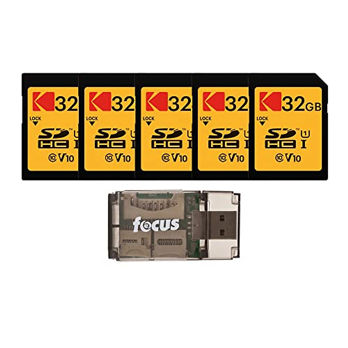 Kodak 32GB Class 10 UHS-I U1 SDHC Memory Card (5-Pack) Bundle with All-in-One USB Card Reader (6 Items)