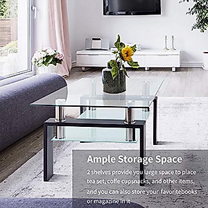 Depointer Life Glass Coffee Table, Rectangle Modern Side Coffee Table with Lower Shelf, Perfect for Living Room Conversation Leisure Occasions, Metal Leg, Black