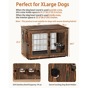 Piskyet Wooden Dog Crate Furniture with 360°Rotatable Removable Dog Bowls, Dog Crate End Table with Tray, Double Doors Dog Kennels for Dogs(XL:43.2" L*28.6" W*30.3" H, Rustic Style)