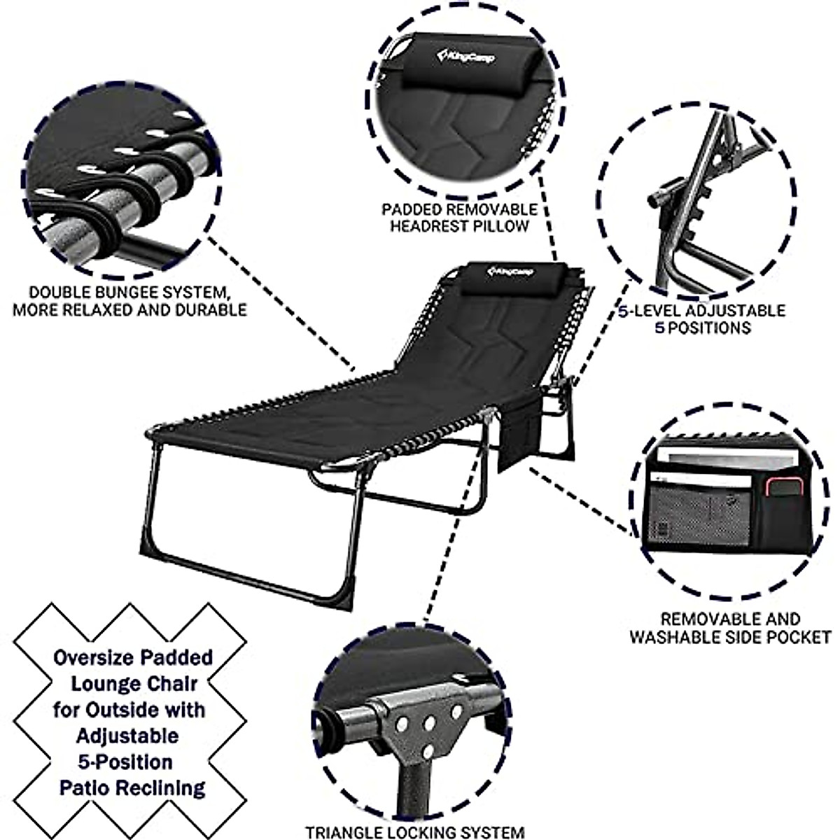 KingCamp Padded Oversized Lounge Chair, Folding Outdoor Chaise Lounge Chair with 5-Position Adjustable, Camping Cot for Beach, Patio, Garden, Pool, Sunbathing with Pillow Side Pocket,Support 300 LBS