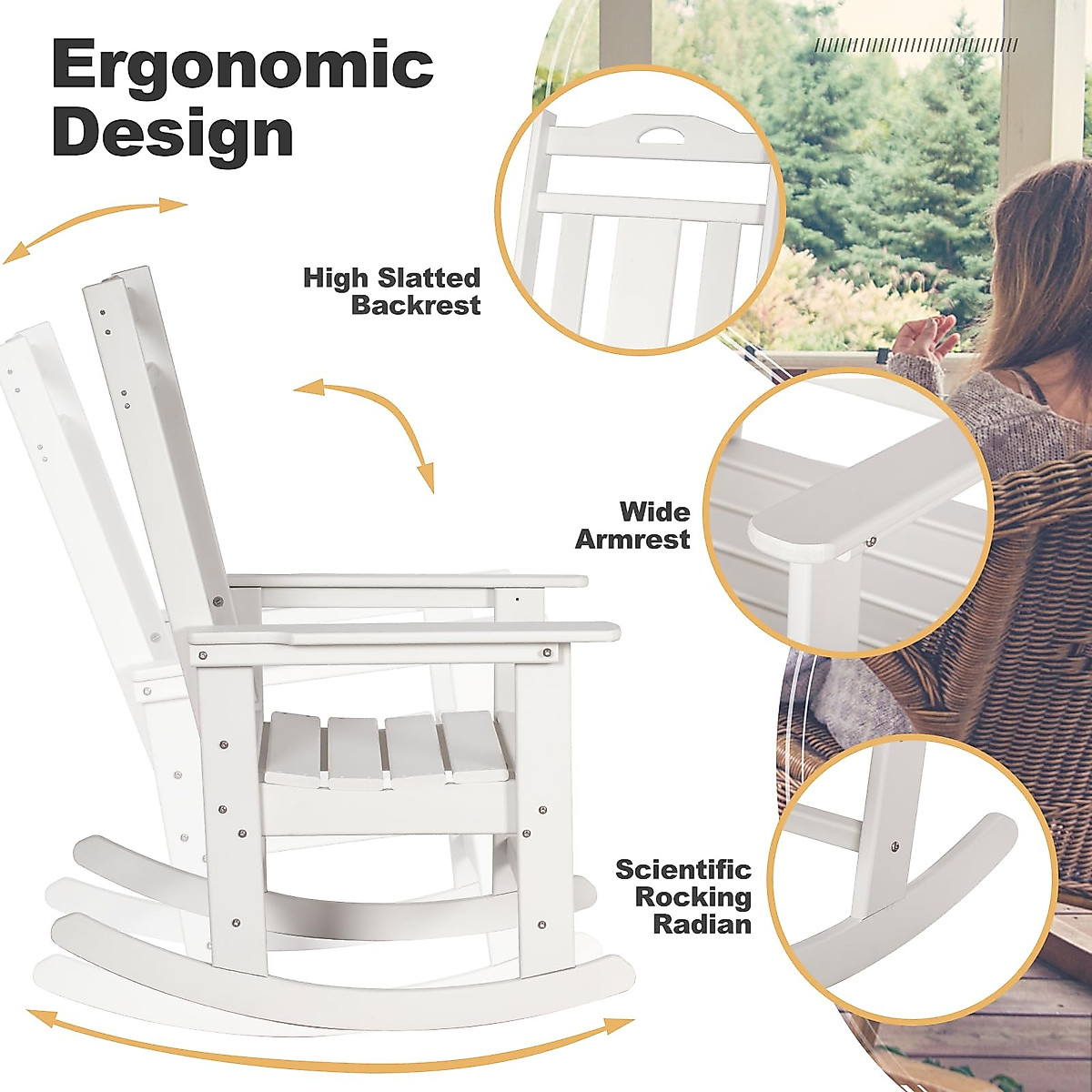 nalone Outdoor Rocking Chairs Set of 2, Oversized Porch Rocker Chair for Adult, All-Weather Resistant Patio Rocking Chair for Garden Lawn(White)