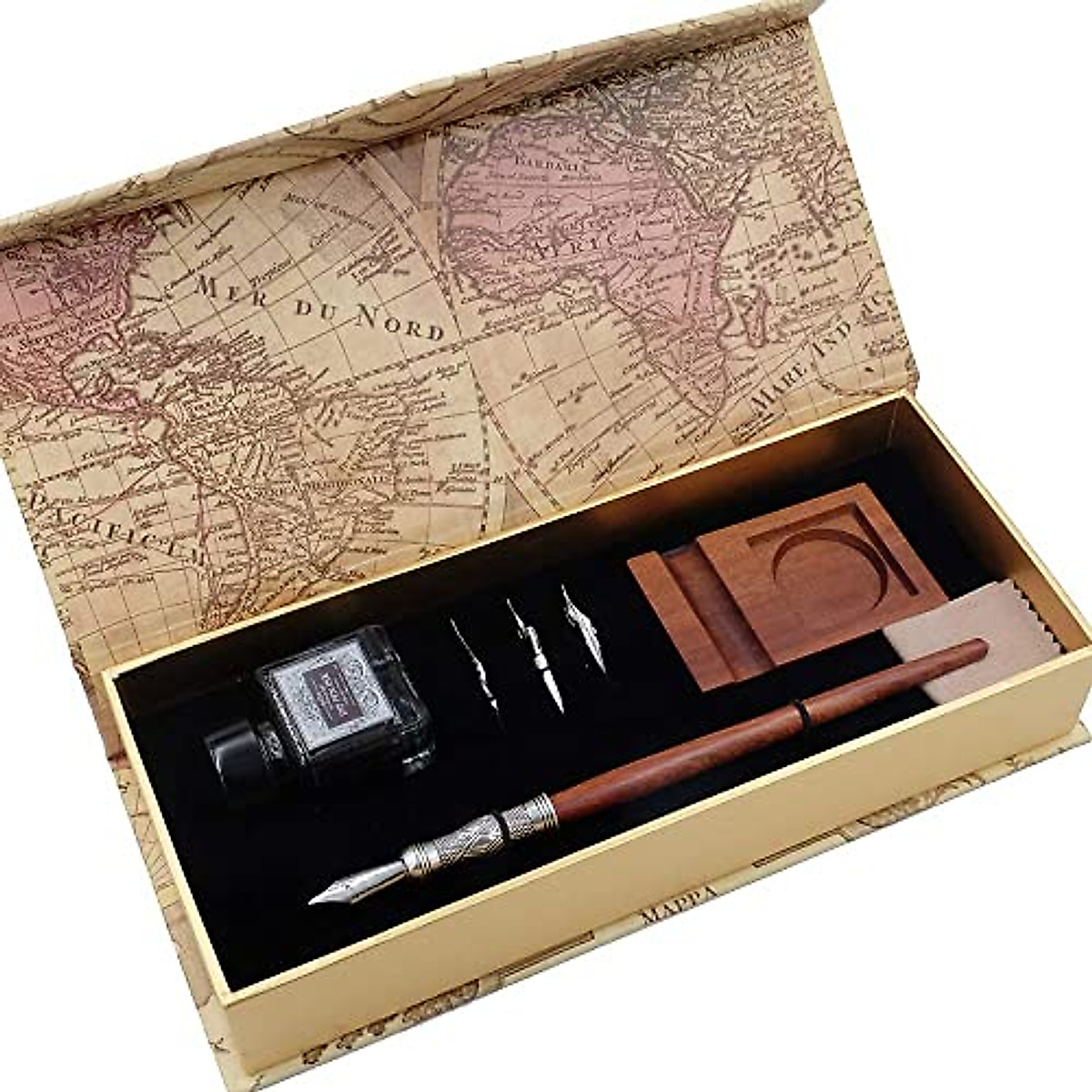 GC Antique Wooden Stem Pen Handcrafted Calligraphy Pen Set Dip Nib Pens-Writing Case With Black Ink Pen Wooden Holder Cartridges LL-182