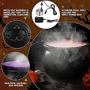 Wettarn Halloween Mist Maker Fogger 8" Witch Cauldron Kettle with Handle 12 LED Lights Fog Machine Atomizer Mini Mister Punch Bowl Plastic Cauldron Pot for Holidays Outdoor Parties Decorations