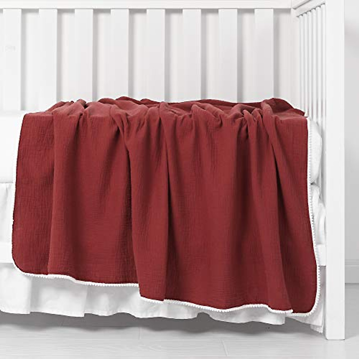 TILLYOU Organic Muslin Swaddle Baby Blanket, 100% Soft Cotton Swaddling Receiving Blanket with Pom, Large Lightweight Baby Wrap Blanket, 47'' x47'' Brown