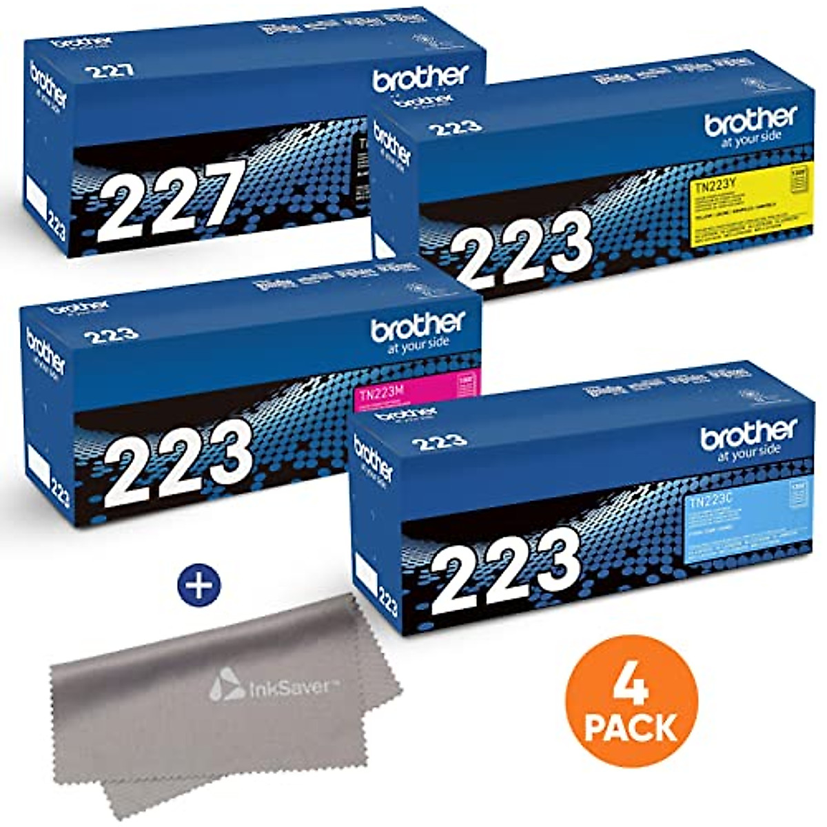 Brother TN227BK High Yield Black with Standard Yield Color TN223C, TN223M, TN223Y Cyan, Magenta and Yellow Toner Cartridge Set + InkSaver Microfiber LCD Screen Cleaning Cloth