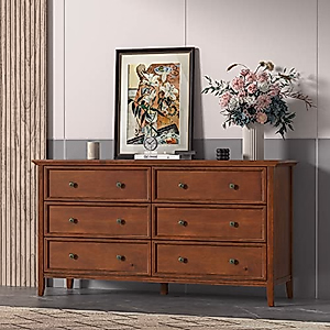 IKENO 6 Drawer Double Dresser, 55 inch Solid Wood Bedroom Dresser in Caramel