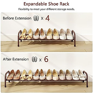 Gewudraw 1-Tier Shoe Rack Expandable, Width Adjustable Shoe Shelf Storage Organizer, 41.53'' Metal Standing Shoe Rack for Bedroom Entryway Closet, Holds up to 6 Pairs Shoes, Brown
