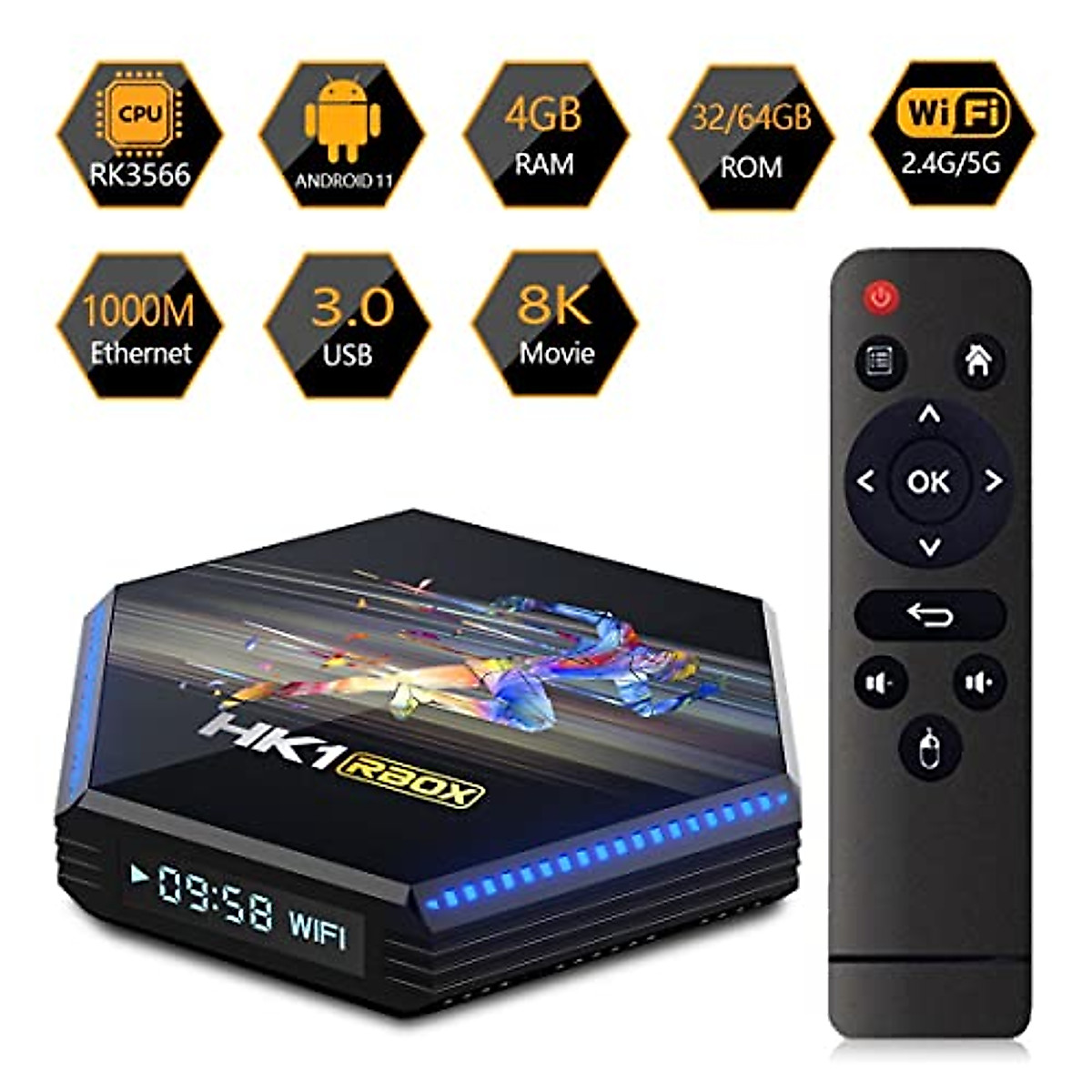 Android 11.0 TV Box, Android Box 4GB RAM 64GB ROM, Supports 2.4G/5G Dual Wi-Fi, USB 3.0, Support 4K,BT4.1, H.265 Smart TV Box, with Remote Control