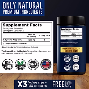 L Tyrosine 1000MG Capsules - All-Natural L- Tyrosine Supplement for Focus & Energy Boost - Non-GMO & Gluten-Free - Vegan 150 Caps -500mg x 2 per Serving