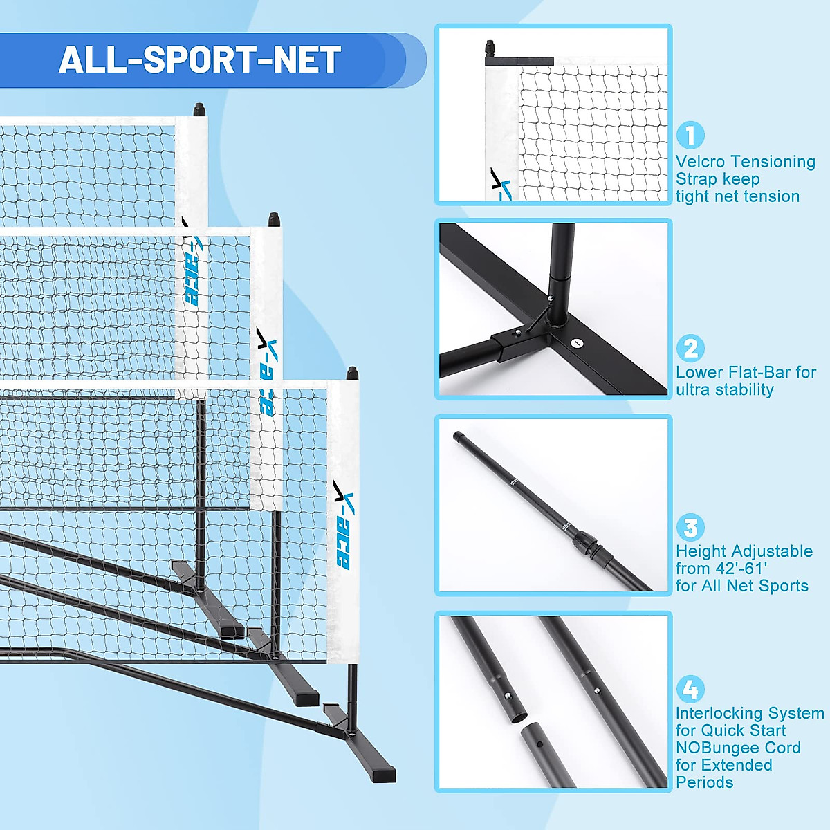 X-ACE Portable Badminton Net 20FT- Adjustable Height Badmitton Net for Tennis, Soccer Tennis, Pickleball- Durable Construction&Easy Set-Up (2023NET)