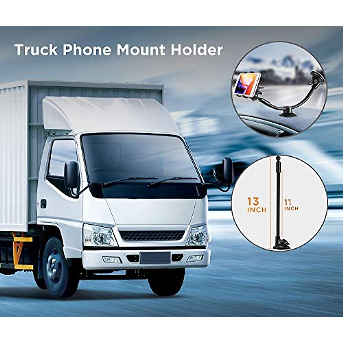 IPOW Upgraded Truck Phone Mount Holder Universal 11 Inches Long Arm Windshield Dashboard Car Mount Cradle with Adjustable X Clamp&Ultra Dashboard Base for Smartphones