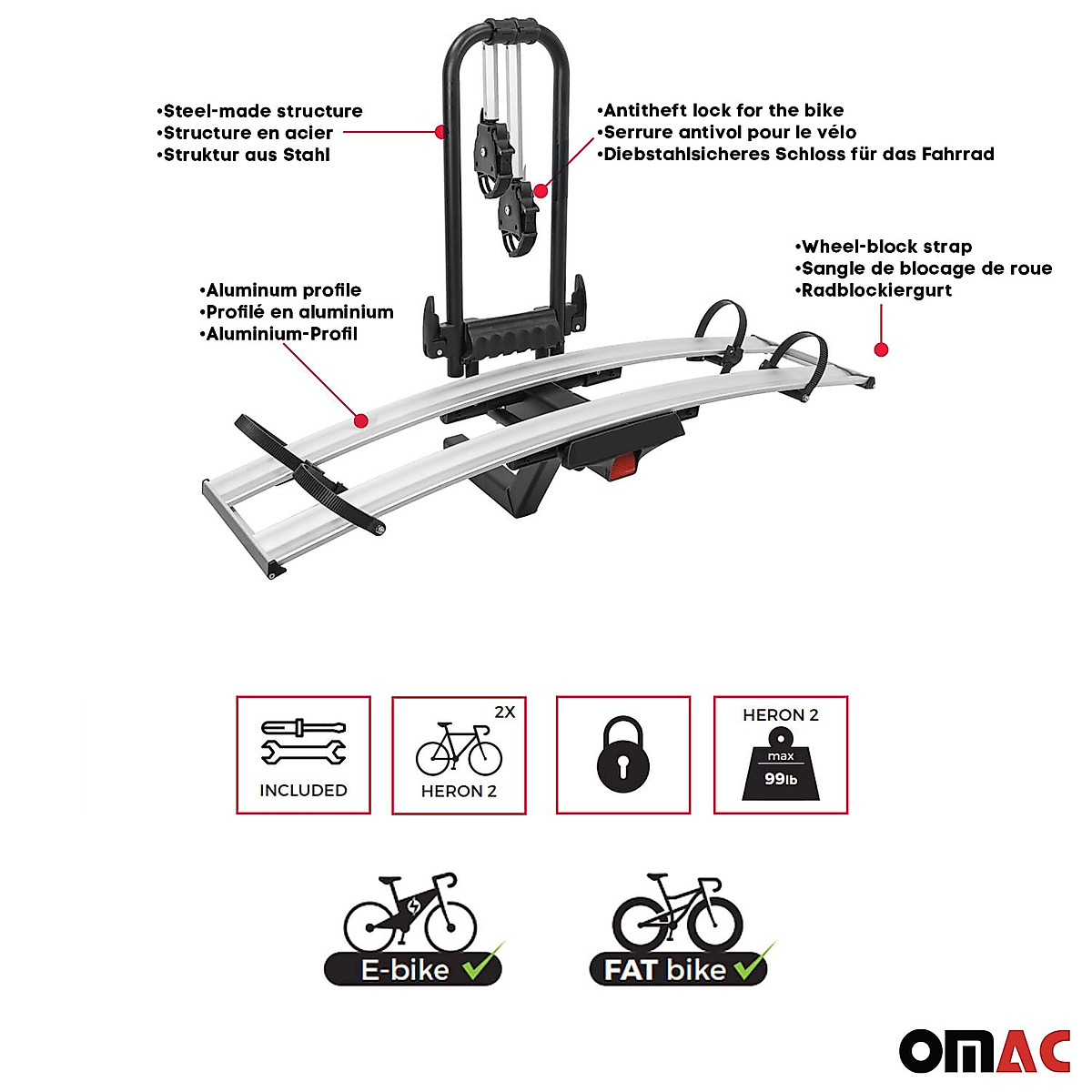 OMAC Auto Accessories Foldable Bike Rack Hitch Mounted | 2 Bicycle Carrier Racks Adjustable Hitches Suitable for Electric Bikes and Fat Bikes