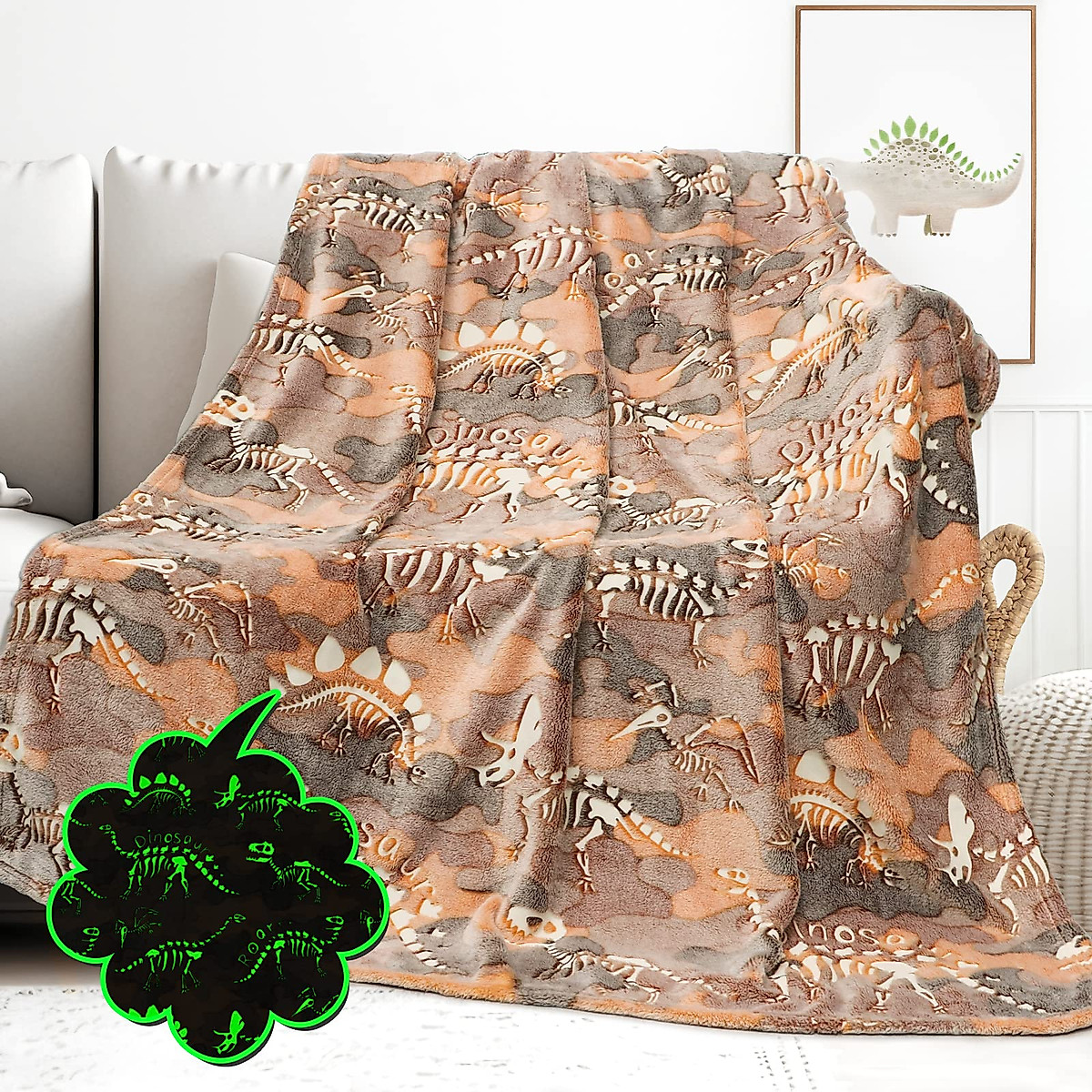 Dinosaur Gifts Toys for Kids Boys Glow in The Dark Dinosaur Blanket Cute Soft Cozy Luminous Throw Blanket Decor Present for Teen Xmas Easter Halloween