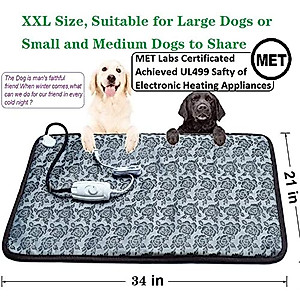 XXL Large Dog Bed Outdoor or Home,Electric Heating Mat for Dog House Crate Pad for Small Medium Pet Cat Puppy Waterproof Easy Clean Long Chew Proof Cord Gray,34inx21in,30-60W