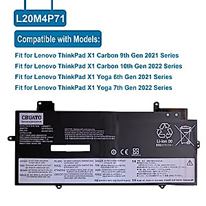 CBUATO L20M4P71 SB10T83216 5B10W13973 Laptop Battery Replacement for Lenovo ThinkPad X1 Carbon 9th 10th 11th Gen X1 Yoga 6th 7th 8th Gen 2021 2022 2023 Series L20C4P71 L20D4P71 L20L4P71 15.44V 57Wh