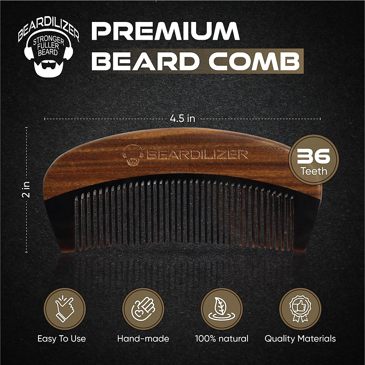 Beardilizer Beard Comb - 100% Natural Black Ox Buffalo Horn & Sandalwood Handle
