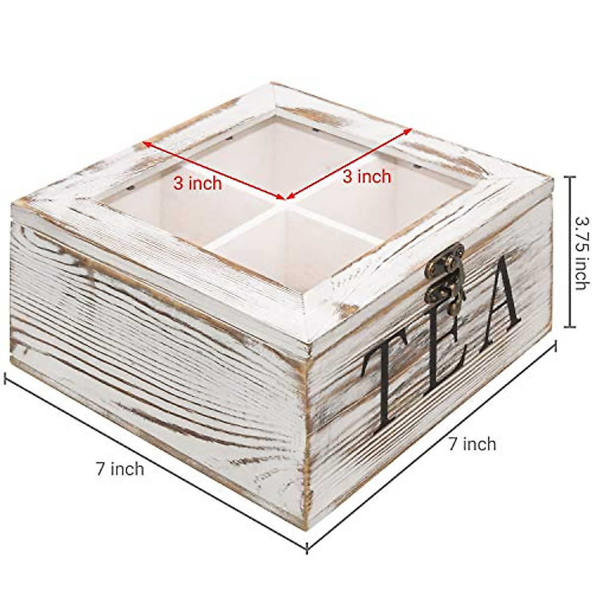 MyGift Shabby Whitewashed Solid Wood Tea Box Organizer with 4 Compartments, Teabag Storage Chest with Clear Acrylic Lid and Latch