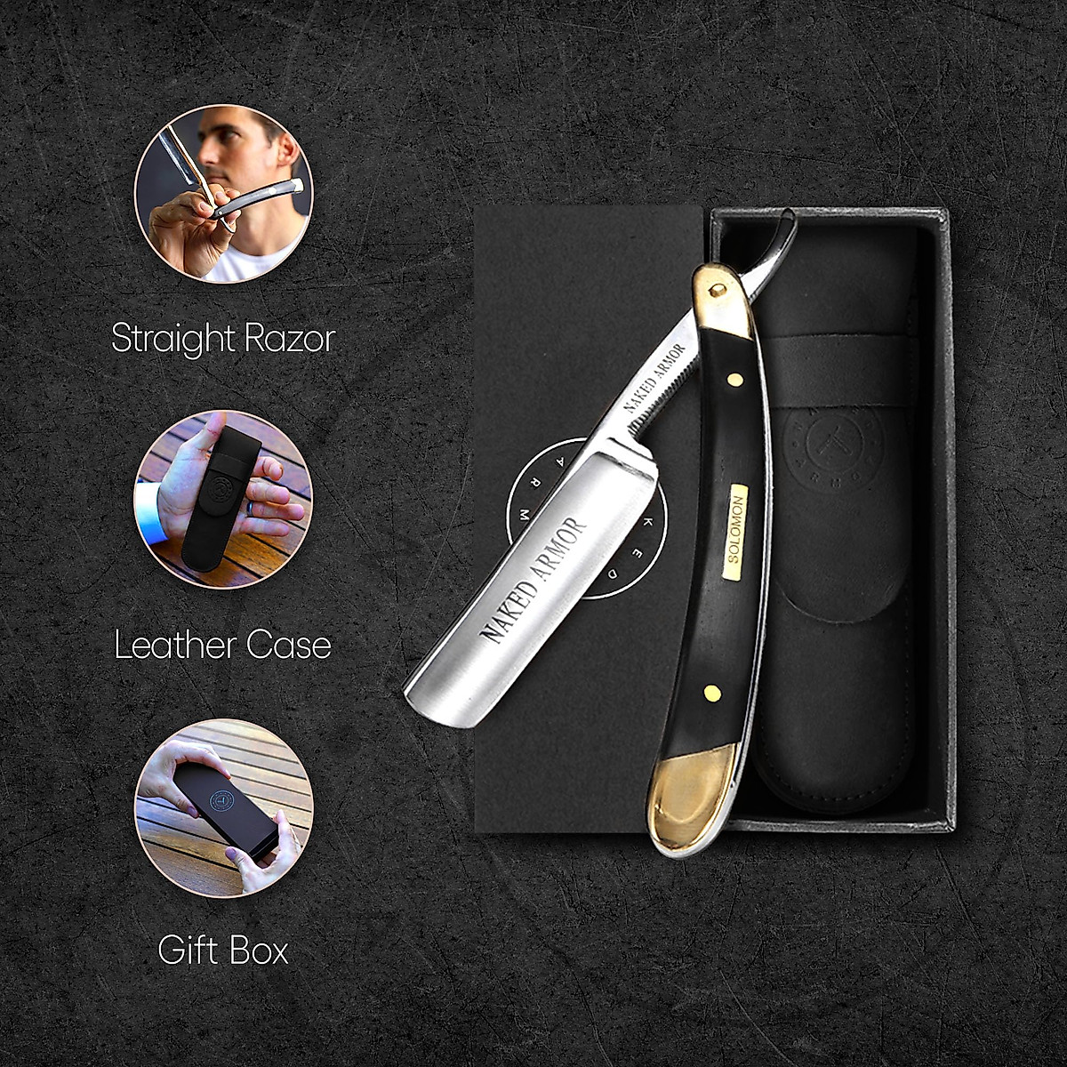Gold Stainless Steel Straight Razor - Shave Ready Straight Edge Razor, Stainless Steel + Ebony Straight Razor for Men, Barber Approved Straight Razor, Mens Straight Razor, Leather Case, Close Shave