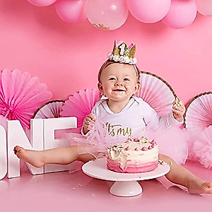 Birthday Decoration Set - Baby Partyr Crown, Girl/Boy 2st Birthday Party Hat Princess Tiara Hat Includes Cake Topper One "I Am One" and Star Banner Pink Hanging Paper Fan Flower Pink and White Balloons