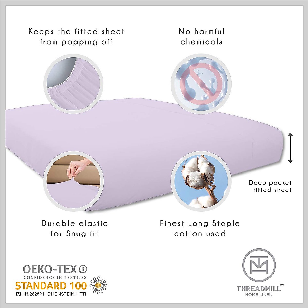 Threadmill Cotton Full Size Sheet Set| 100% Cotton Sheets for Full Size Bed | Solid Sateen Full Bed Sheets Set with 16” Elasticized Deep Pocket | Soft Breathable 4-Piece Cooling Sheet Set | Lilac