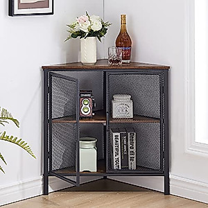 VECELO Corner Cabinet with Two Doors and Shelves, Free-Standing Storage Organizer for Small Space in Living Room/Bedroom/Kitchen, Brown and Black