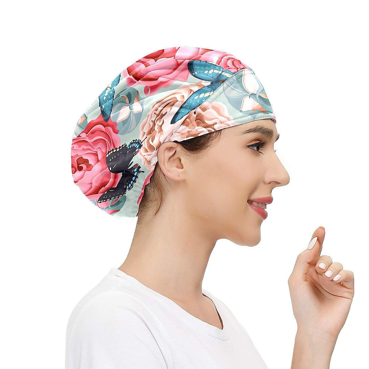 Womens Working Cap with Cotton Sweatband Adjustable Elastic Head Cover Hair Tie Back Work Hats for Women Men One Size Bouffant Hat Covers Rose with Butterfly