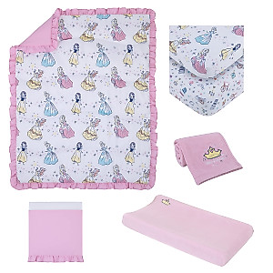 Disney Little Princess Pink, Blue, Yellow and White Stars and Hearts Cinderella, Snow White, Belle and Aurora 6 Piece Nursery Crib Bedding Set