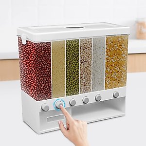 LUGBING Dry Food Dispenser, One-Click Rice Output Food Containers, Wall mounted 6 Grid Cereal Dispenser, Rice Dispenser Kitchen Storage for Rice, Beans, Grains