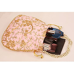 INDTRESOR beaded hand embroidered evening purse handbag vintage party wedding gift for women. Light Pink gold pearl