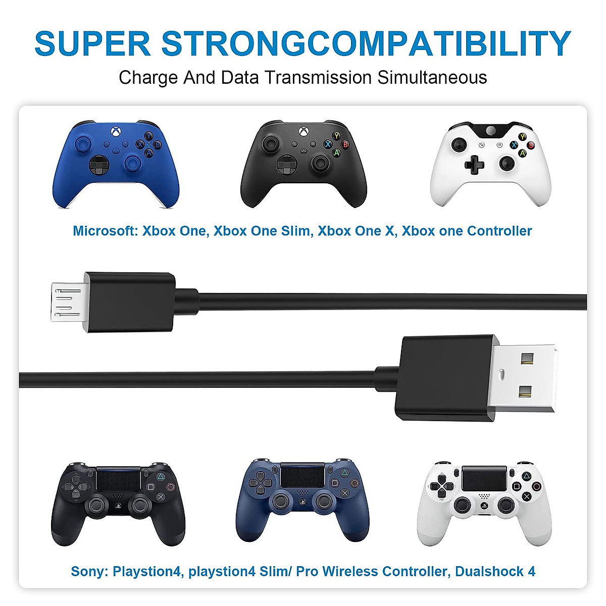 Toxaoii Replacement PS4 Controller Charging Cable Cord, Micro USB Cable Compatible with Sony Playstaion 4/ DualShock 4/ PS4 Slim/ PS4 Pro/Xbox One/One S/Xbox One Elite/Xbox One X Controllers (10FT)